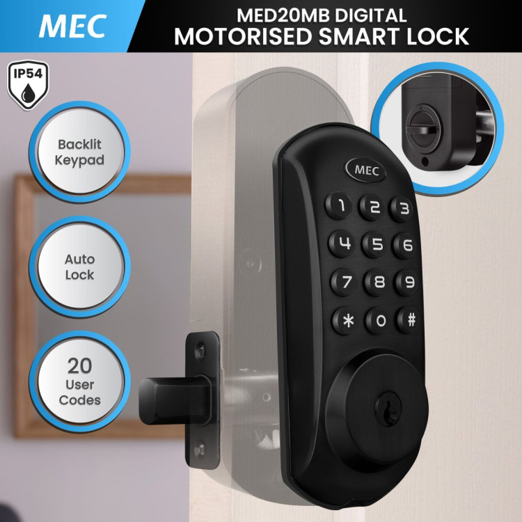 MEC Digital Motorised Smart Lock 20 User Codes Auto-Lock Backlit Keypad ...